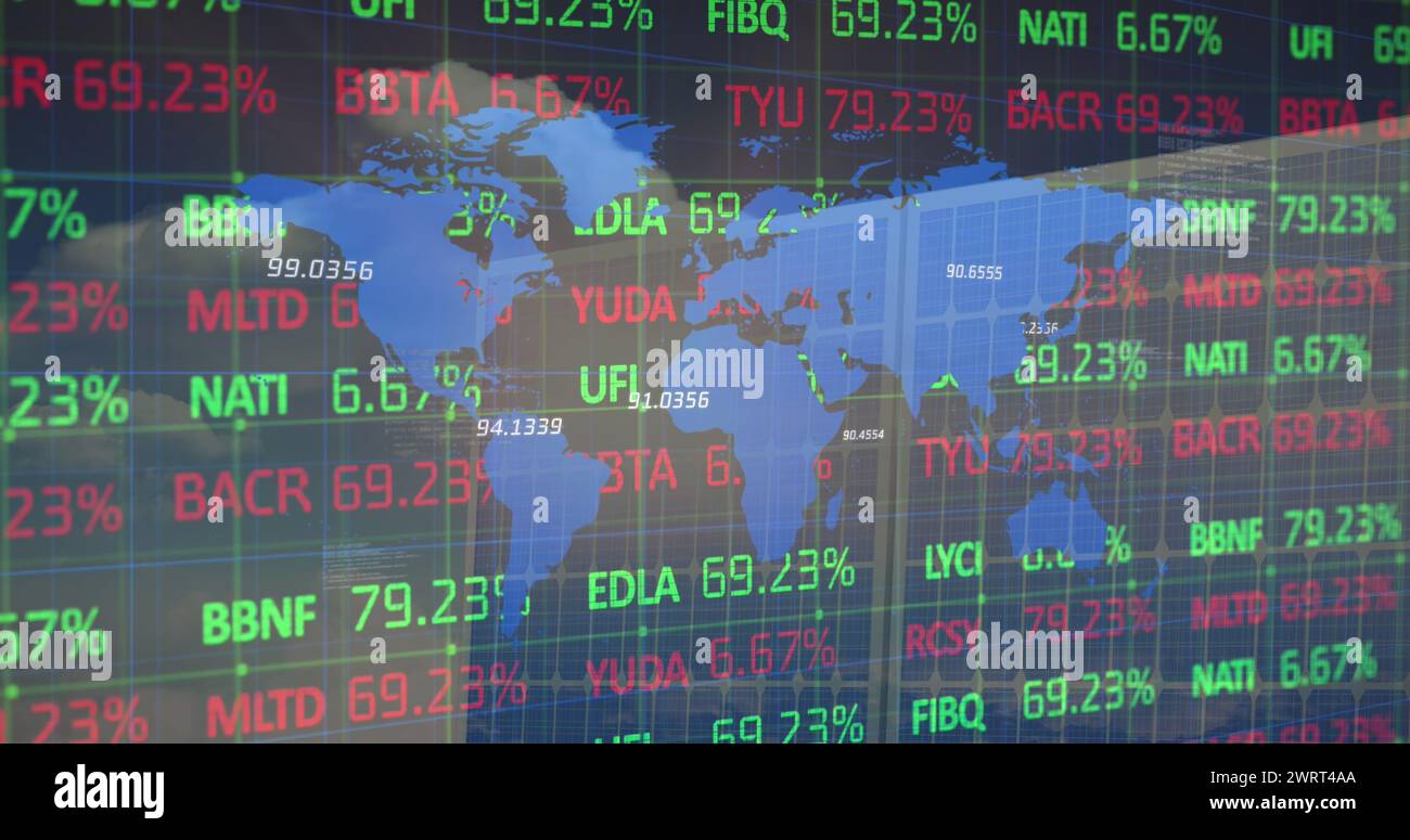 Image of world map, financial data and graphs over solar panels Stock ...