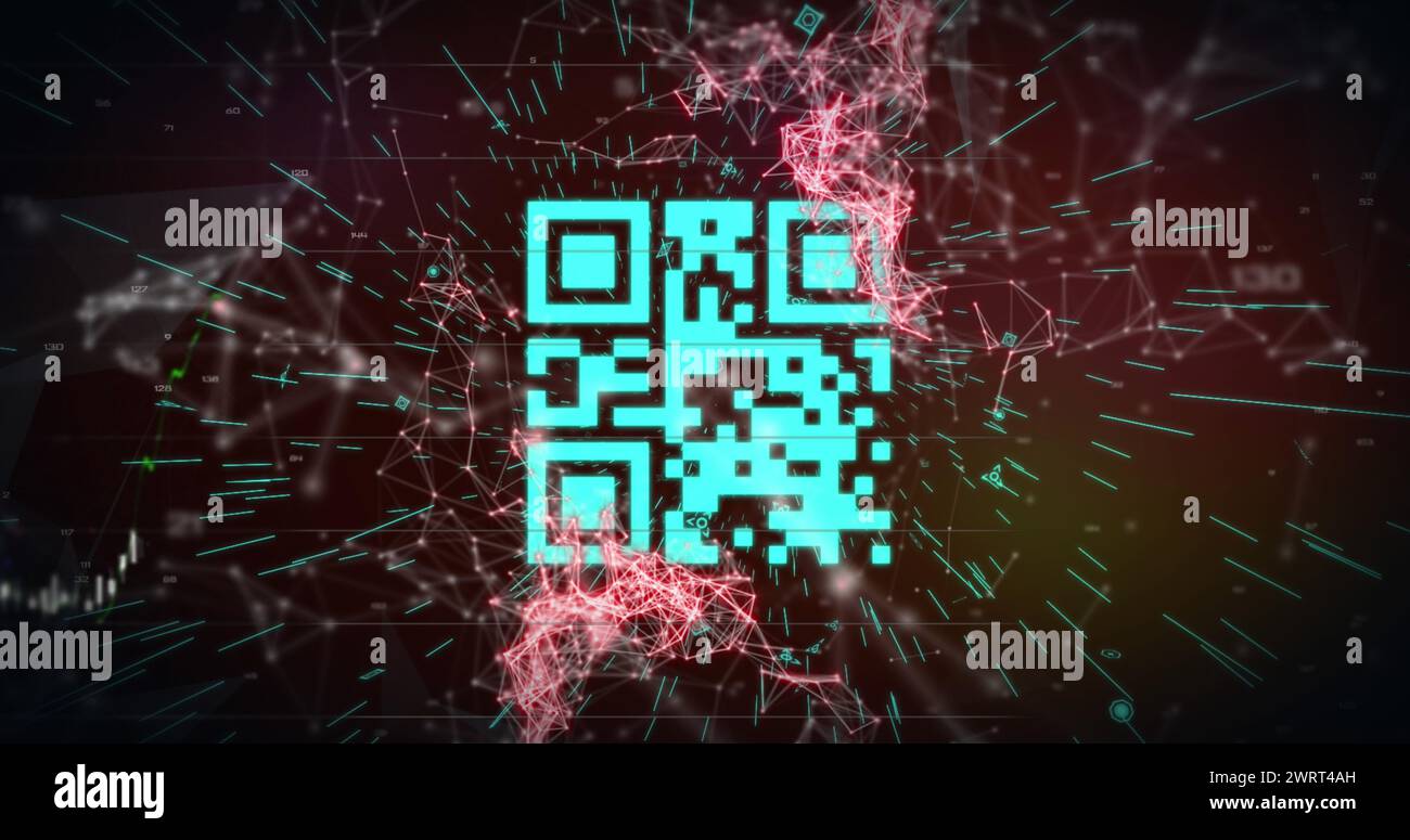 Image of a blue QR code with webs of connection over a blue graph appearing on red background ...