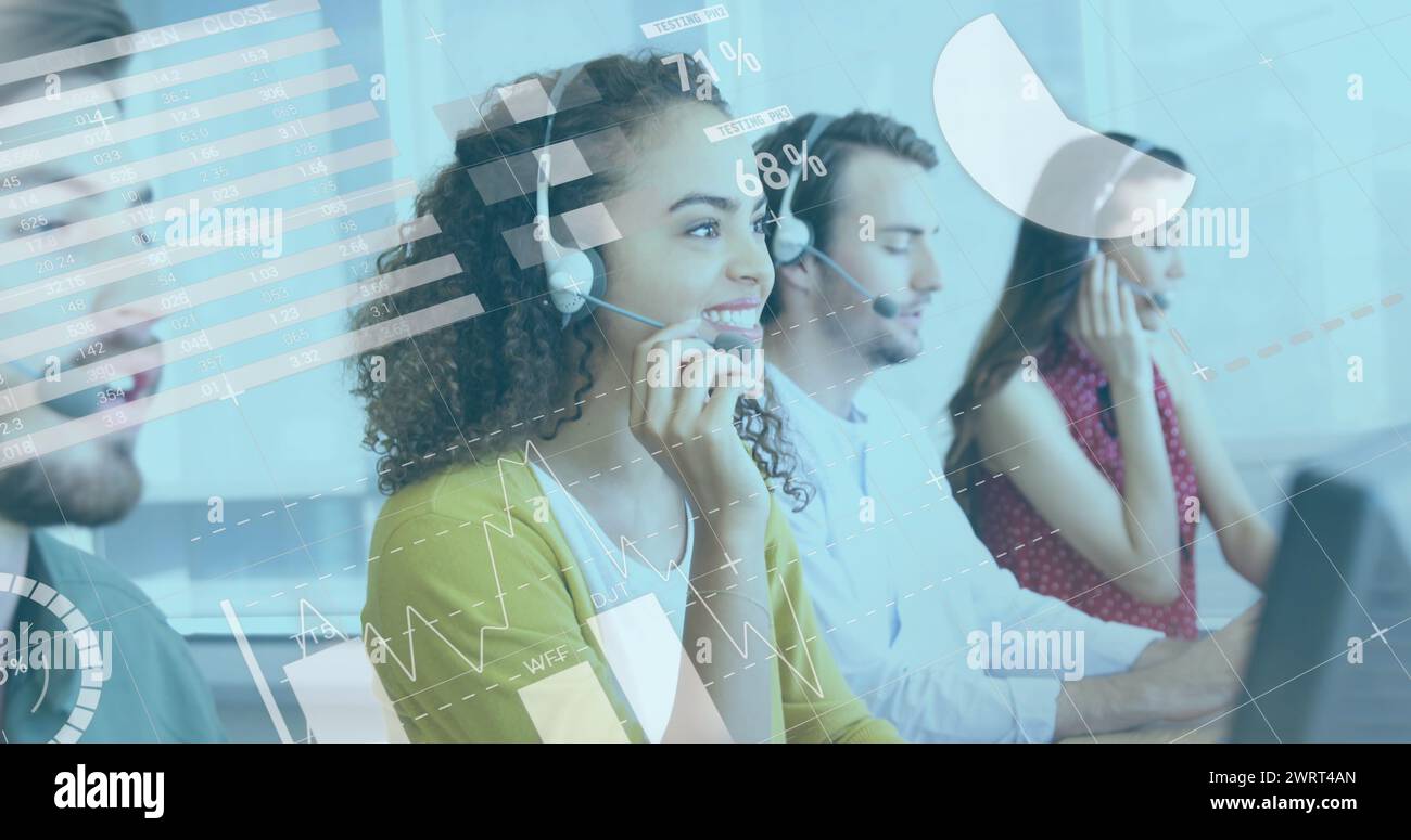 Image of multiple graphs rolling on a grid over a multi-ethnic group of ...