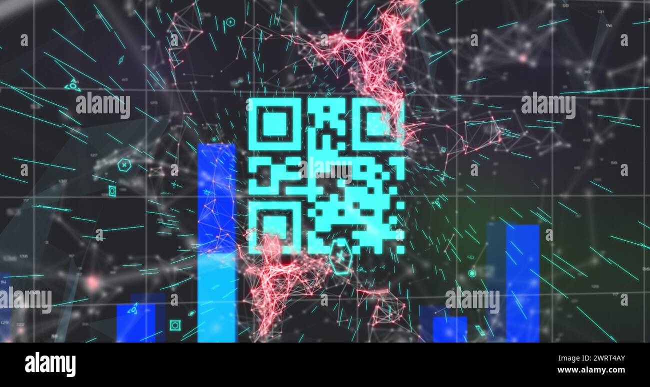 Image of a blue QR code over a red web of connection, blue graph appearing and a blue world map ...