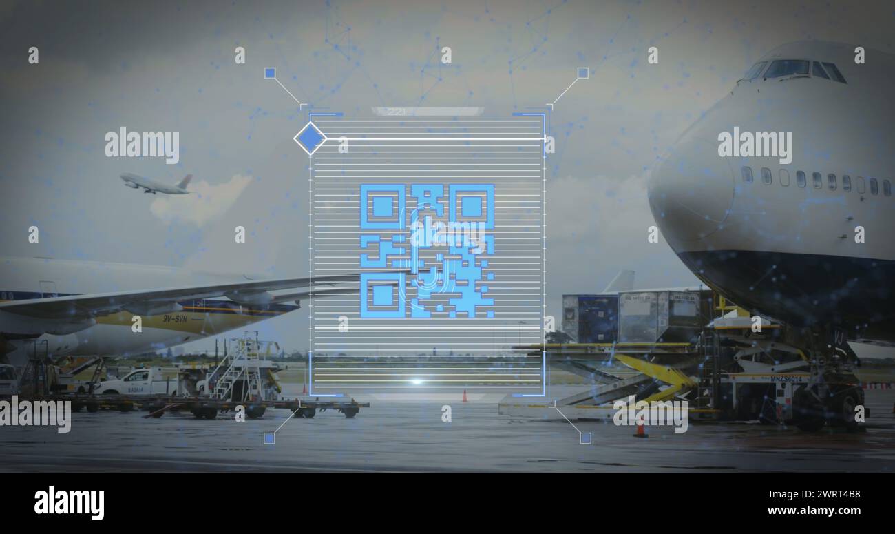 Image of a blue QR code over an airplane taking off in the background ...