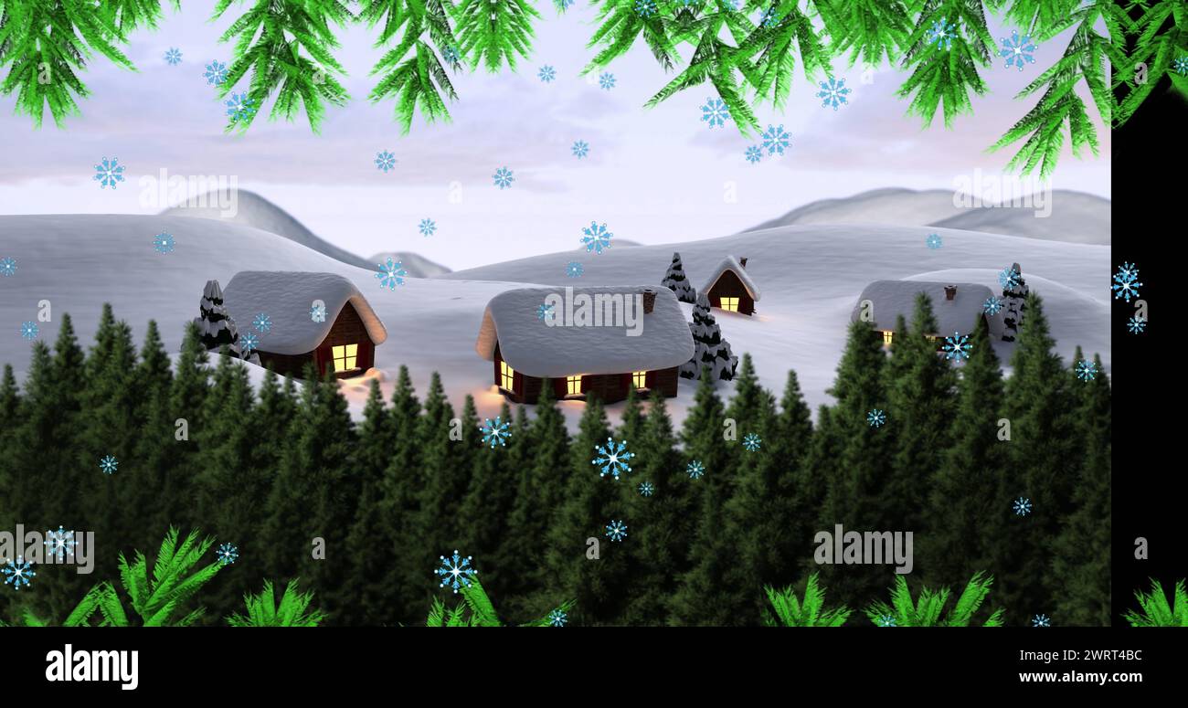 Green tree branches and snowflakes falling over multiple trees and ...