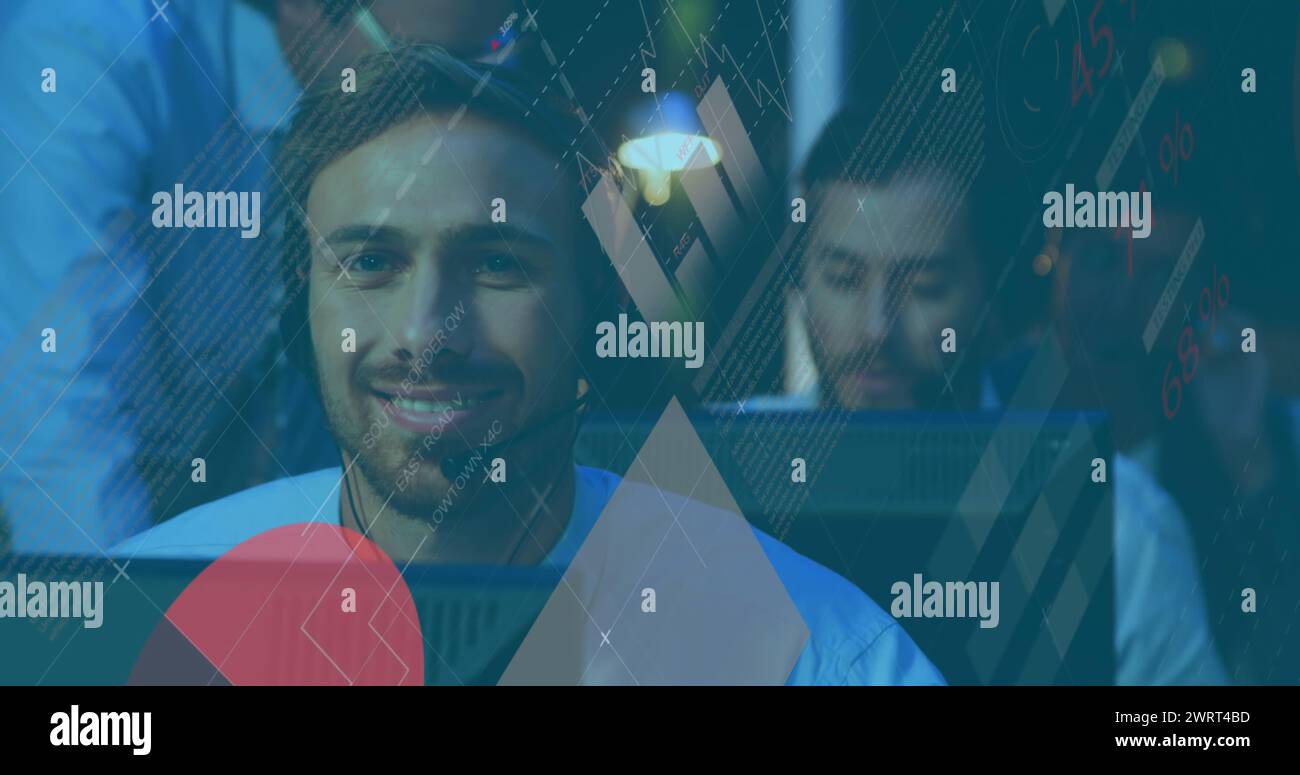 Data processing visuals overlay a diverse call center team in action ...