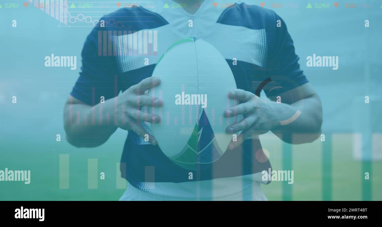 Image of statistics over rugby player. global sports, technology ...