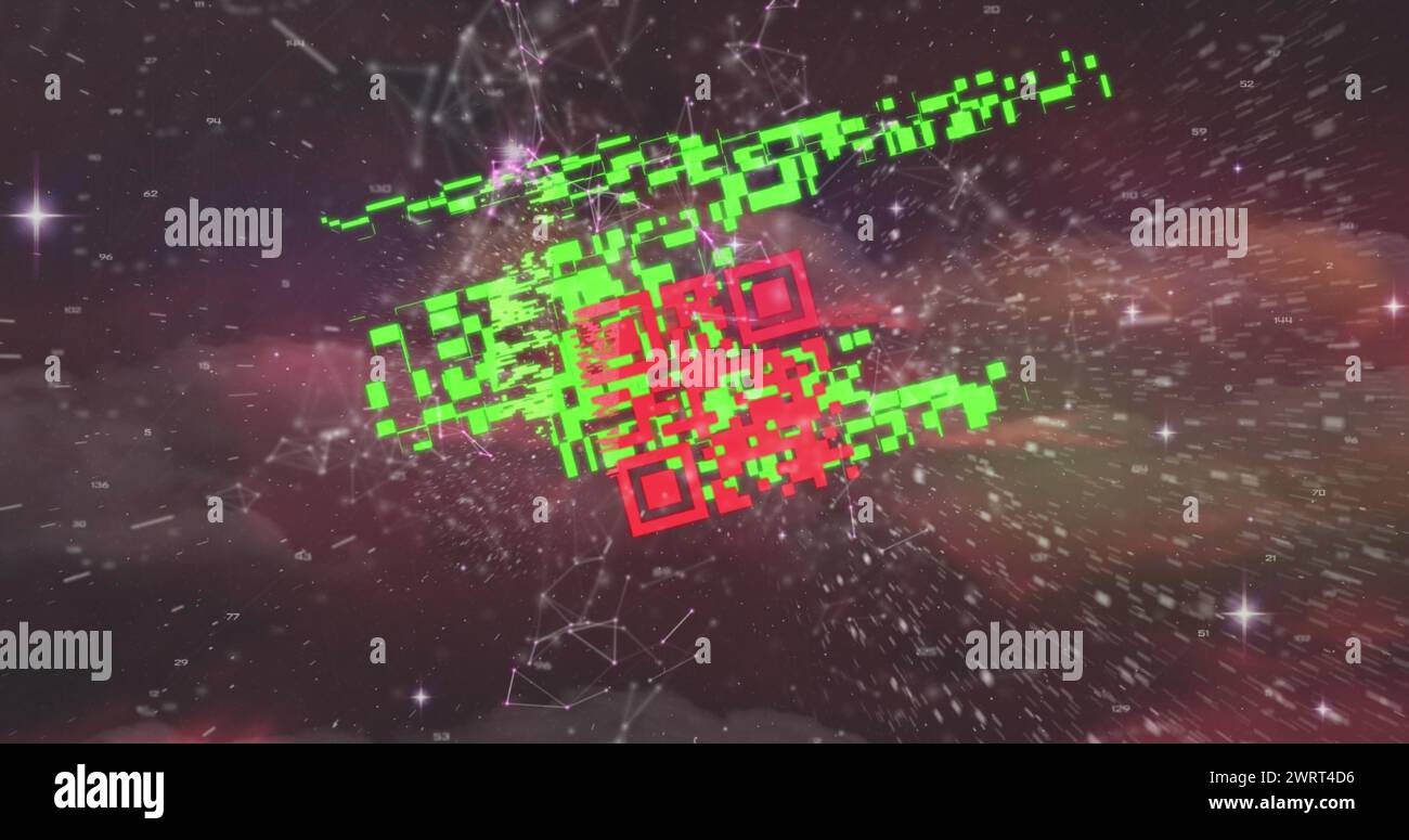 Image of a colourful QR code with a web of connection over a space ...