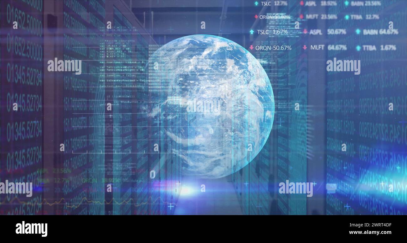 Digital composite of a globe and data imagery in a high-tech room Stock ...