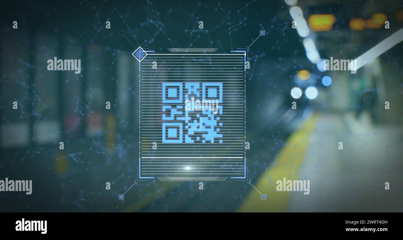 Blue QR code and web connections overlay on a train entering a station in a digital image Stock ...