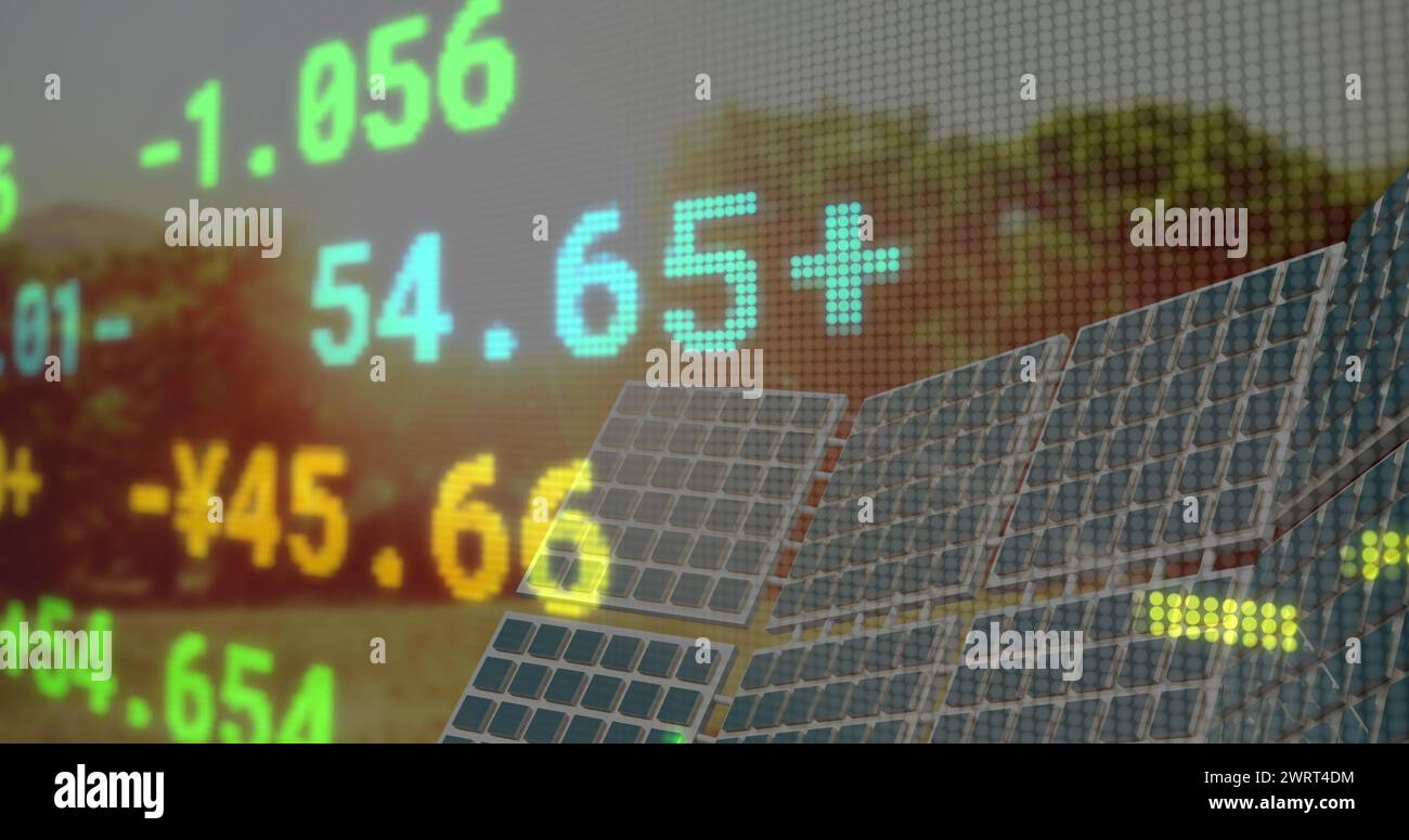 Image of financial data and graphs over solar panels Stock Photo - Alamy