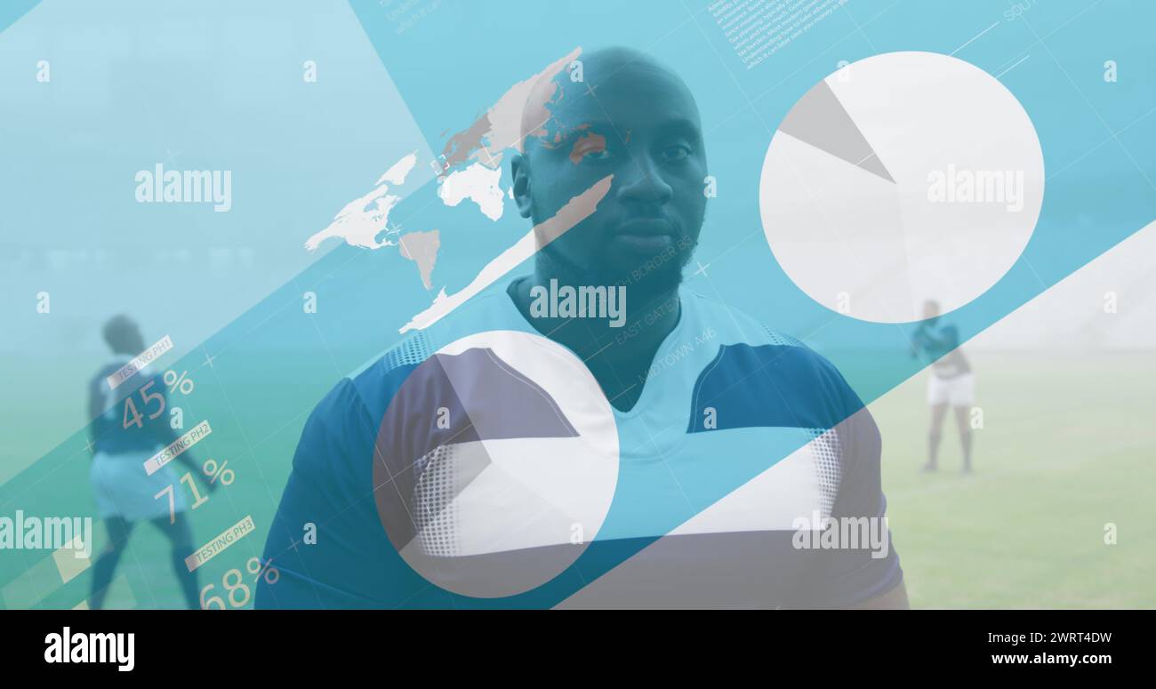 Image of statistics over rugby players. global sports, technology ...