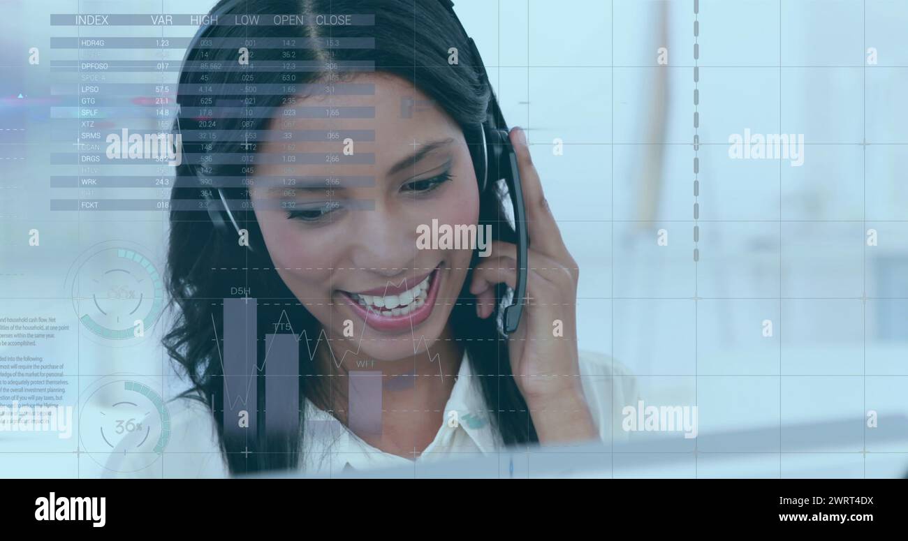 Image of graphs and statistics rolling on a grid over a biracial female ...