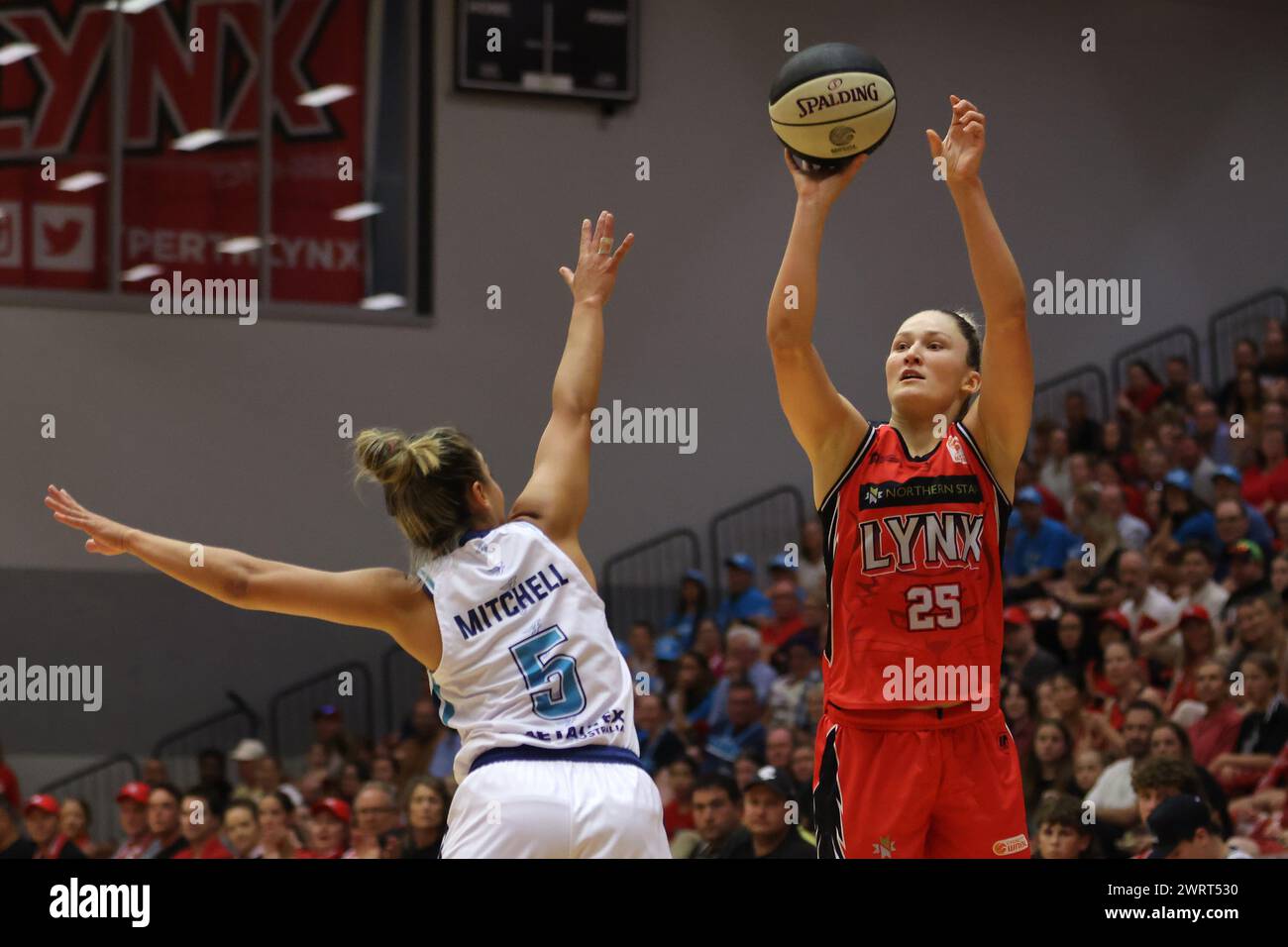 Perth, Australia. 14th Mar, 2024. Amy Atwell of the Lynx puts up a shot ...