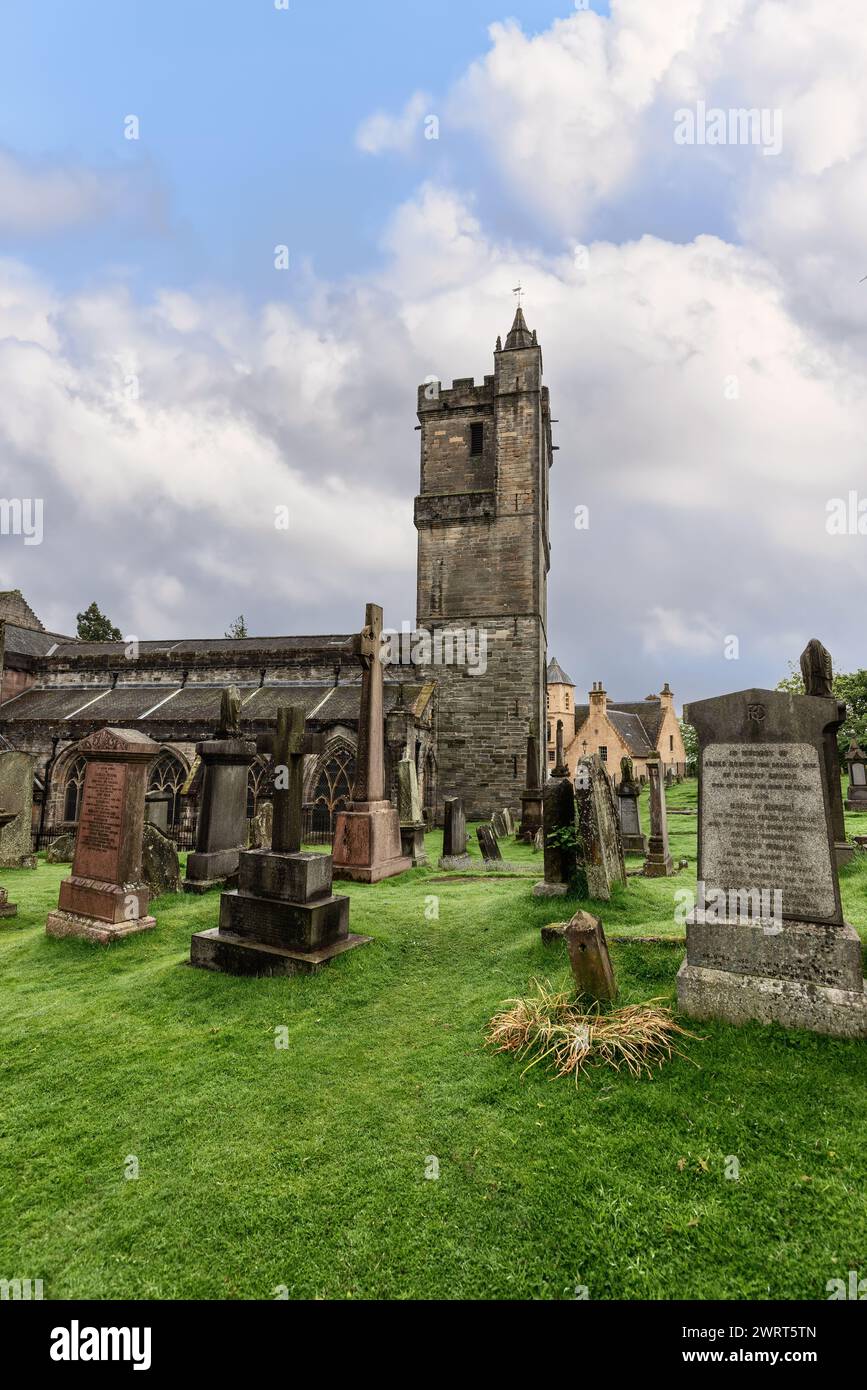 Vertical view of the Church of the Holy Rude ancient tower, standing ...
