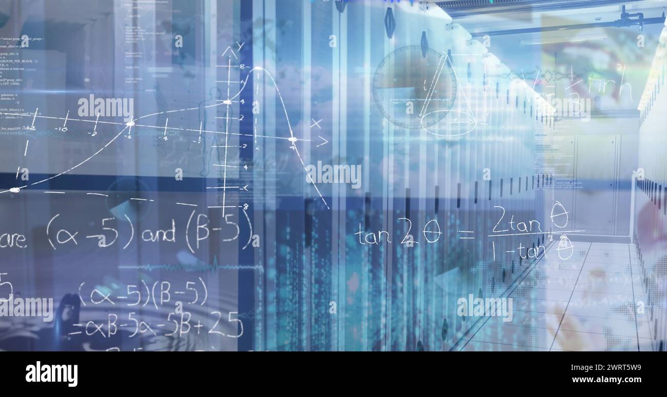 Image of mathematical equations and data processing over server room Stock Photo - Alamy