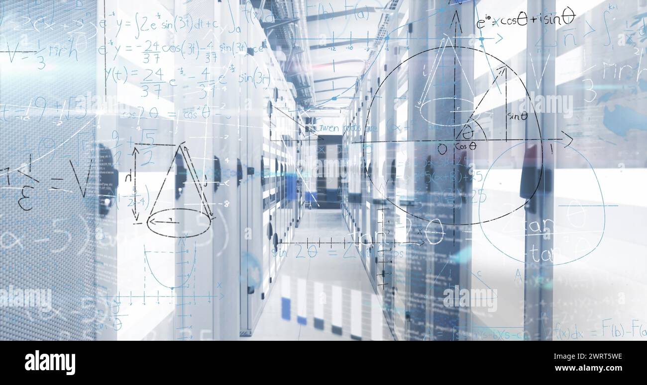 Digital interface, math problems, and data processing images depicted Stock Photo - Alamy