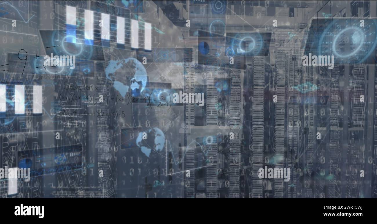 Image of mathematical equations and data processing over server room Stock Photo - Alamy