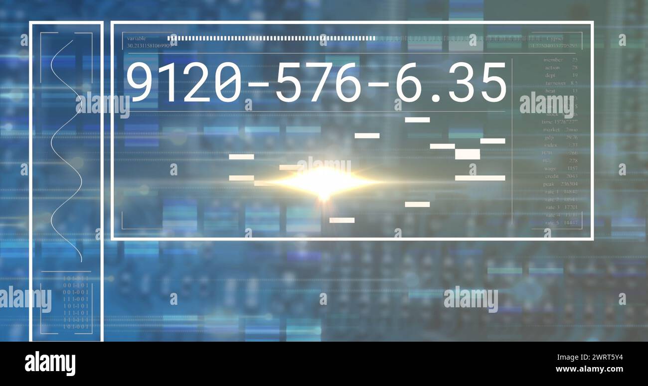 Image of interface with data processing and light spot against blue mosaic squares Stock Photo ...