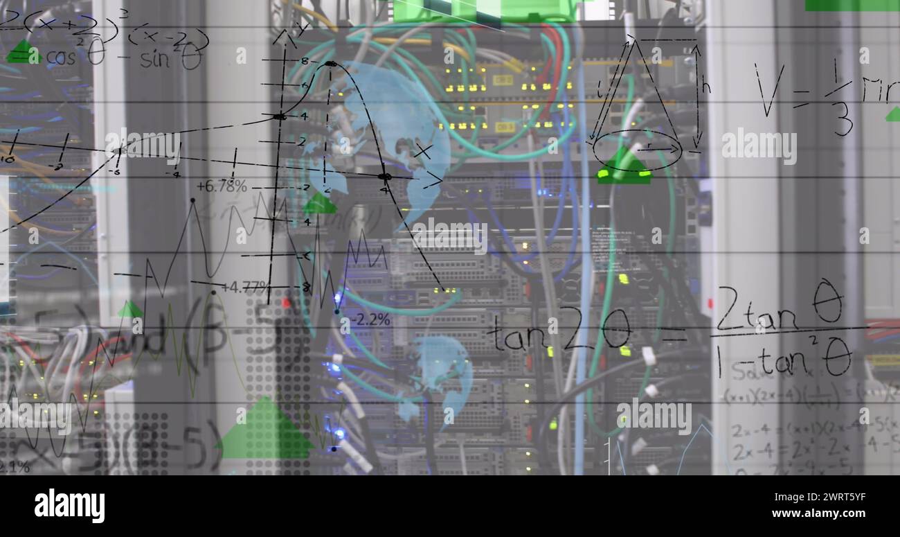 Image of mathematical equations and data processing over server room ...