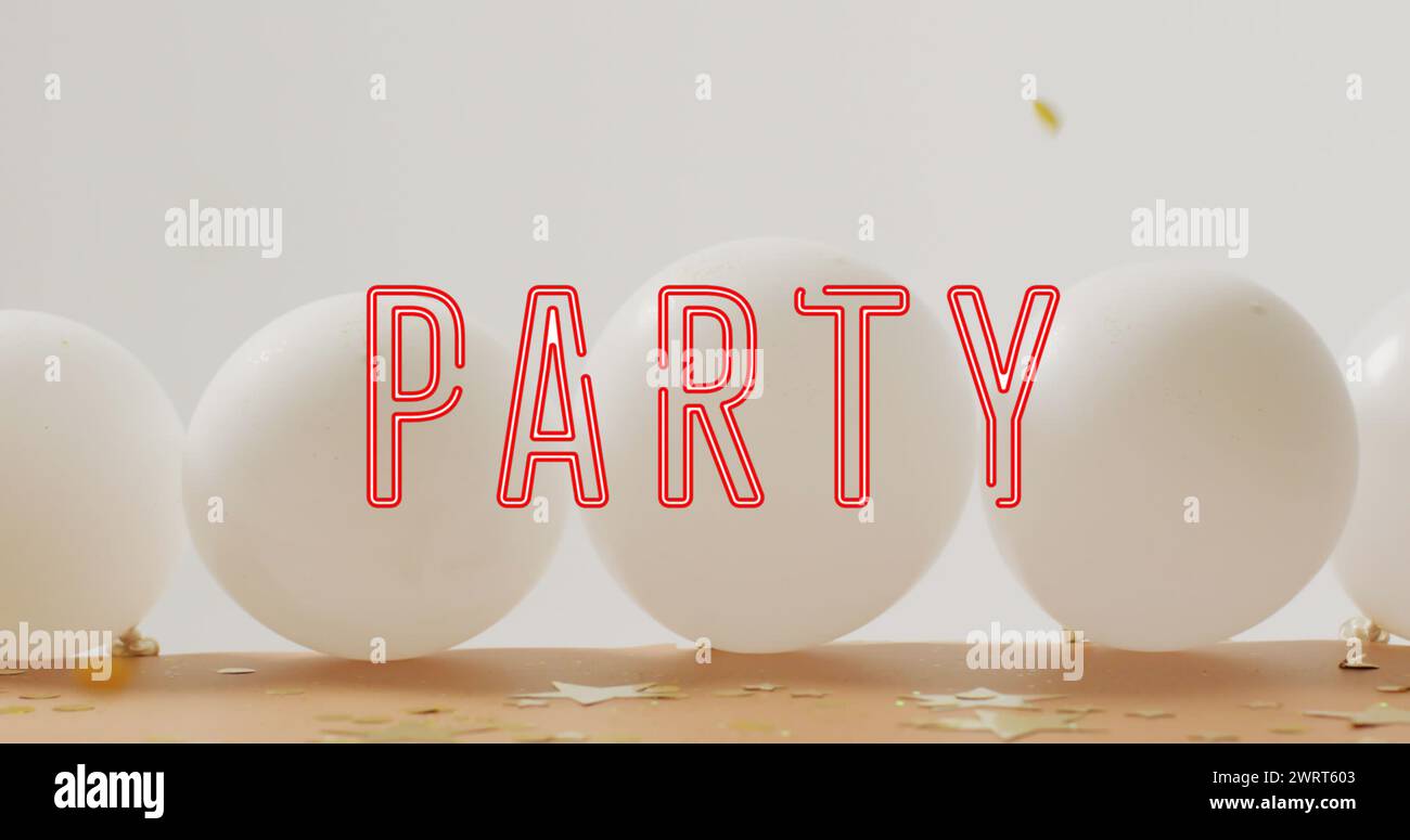 Image of party text over party white balloons in background Stock Photo ...