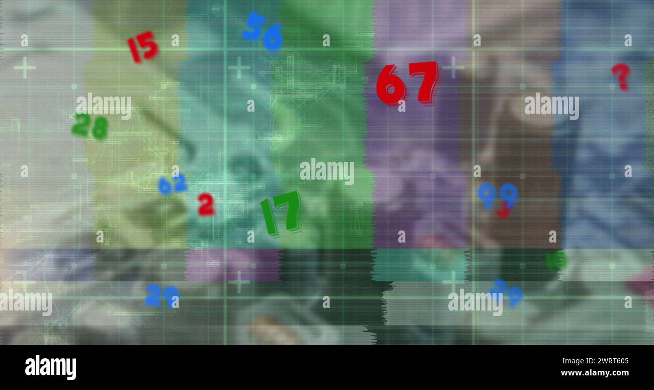 Image of colorful numbers floating over grid network against close up of a computer server Stock ...