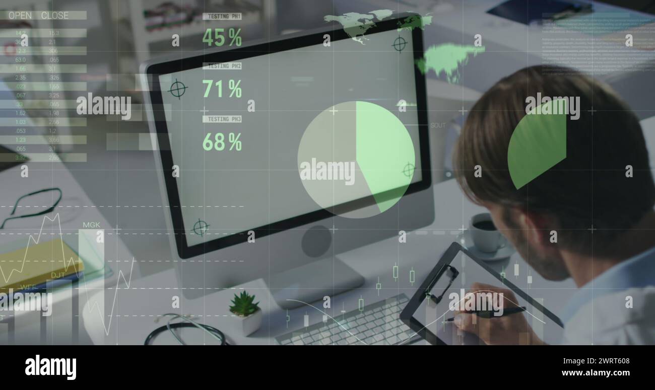 Image of data processing over caucasian businessman using computer ...