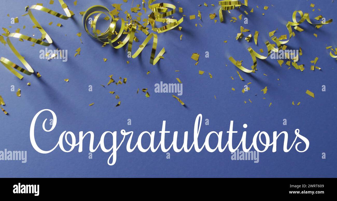 Image of congratulations text over gold streamers on blue background ...