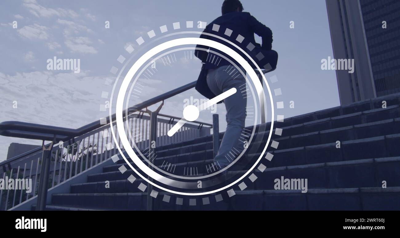 Image of clock moving over caucasian businessman running upstairs Stock ...