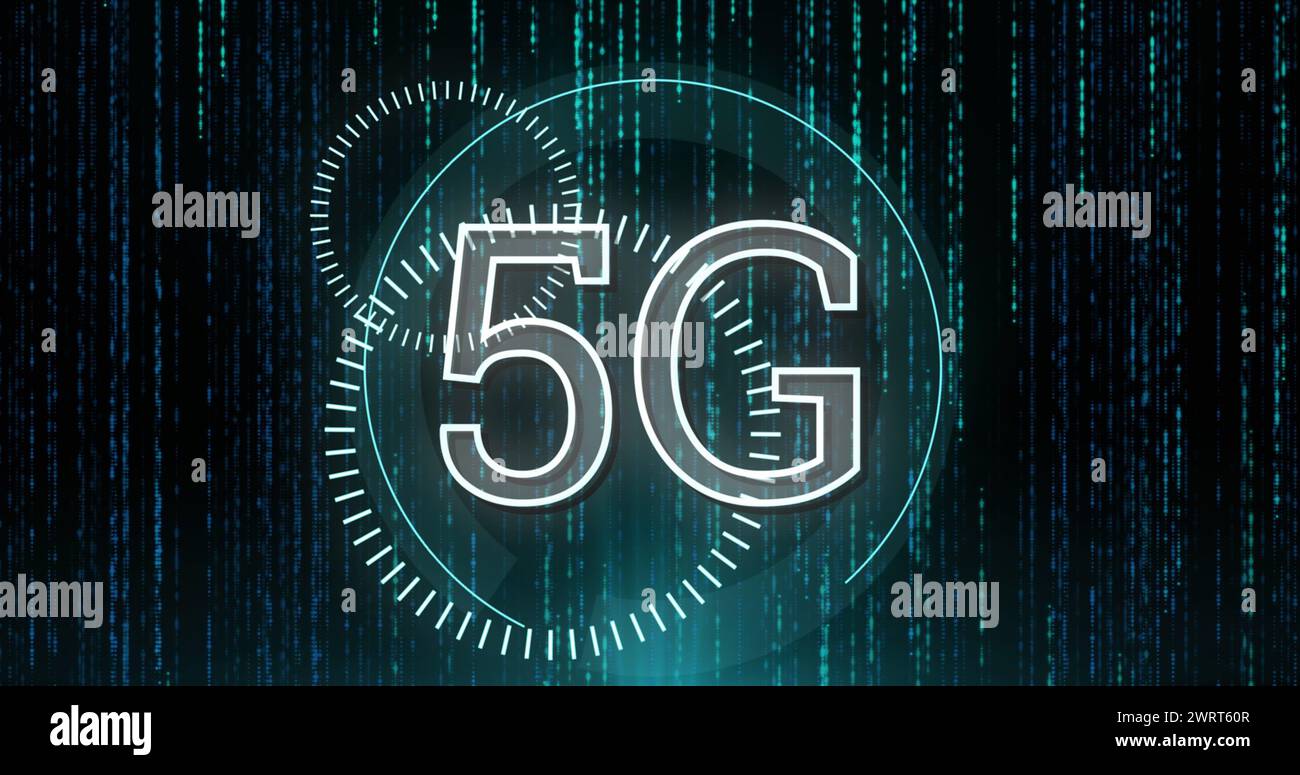 Image of data processing and 5g text over black background Stock Photo - Alamy