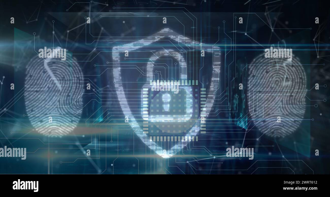 Image of digital padlock, biometric fingerprints and data processing ...