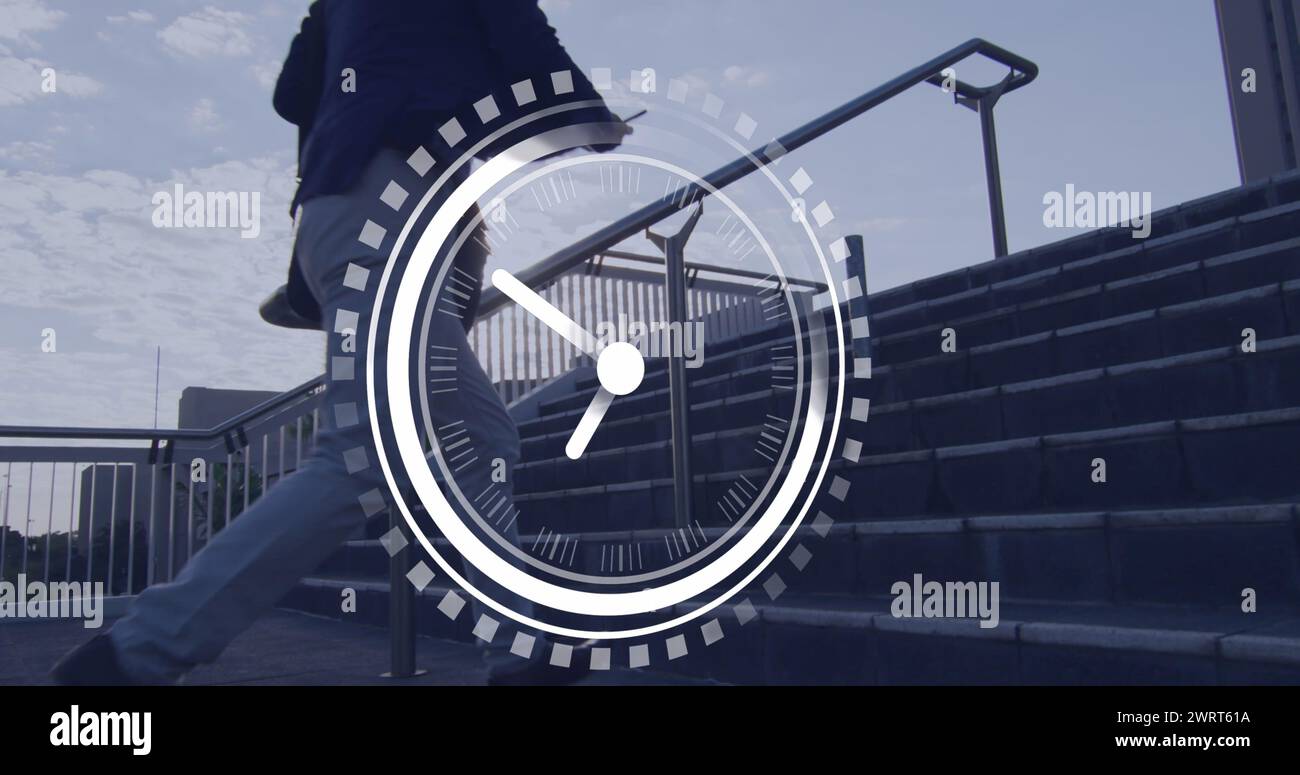 Image of clock moving over caucasian businessman running upstairs Stock ...