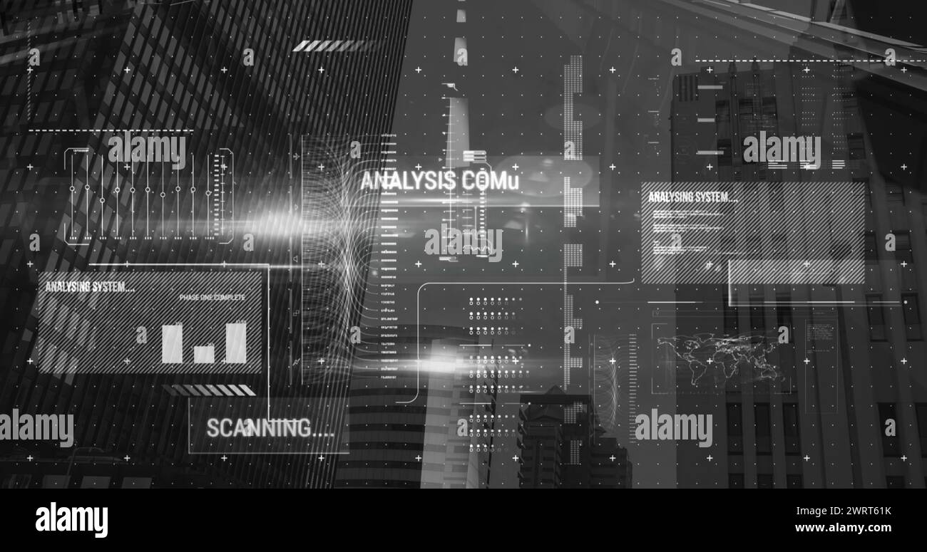 Image of graphs, texts, lens flare, programming language over low angle ...