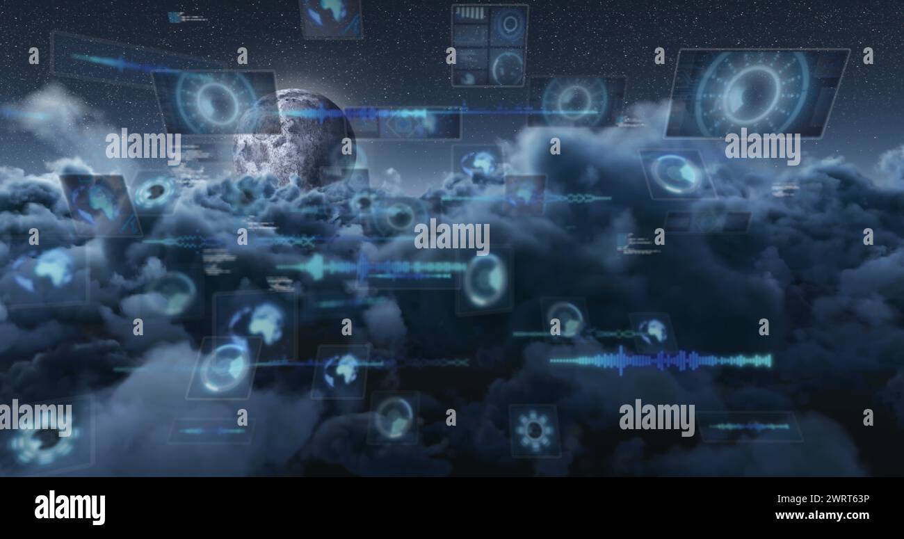 Image of data processing with scope scanning over sky with moon and clouds Stock Photo - Alamy