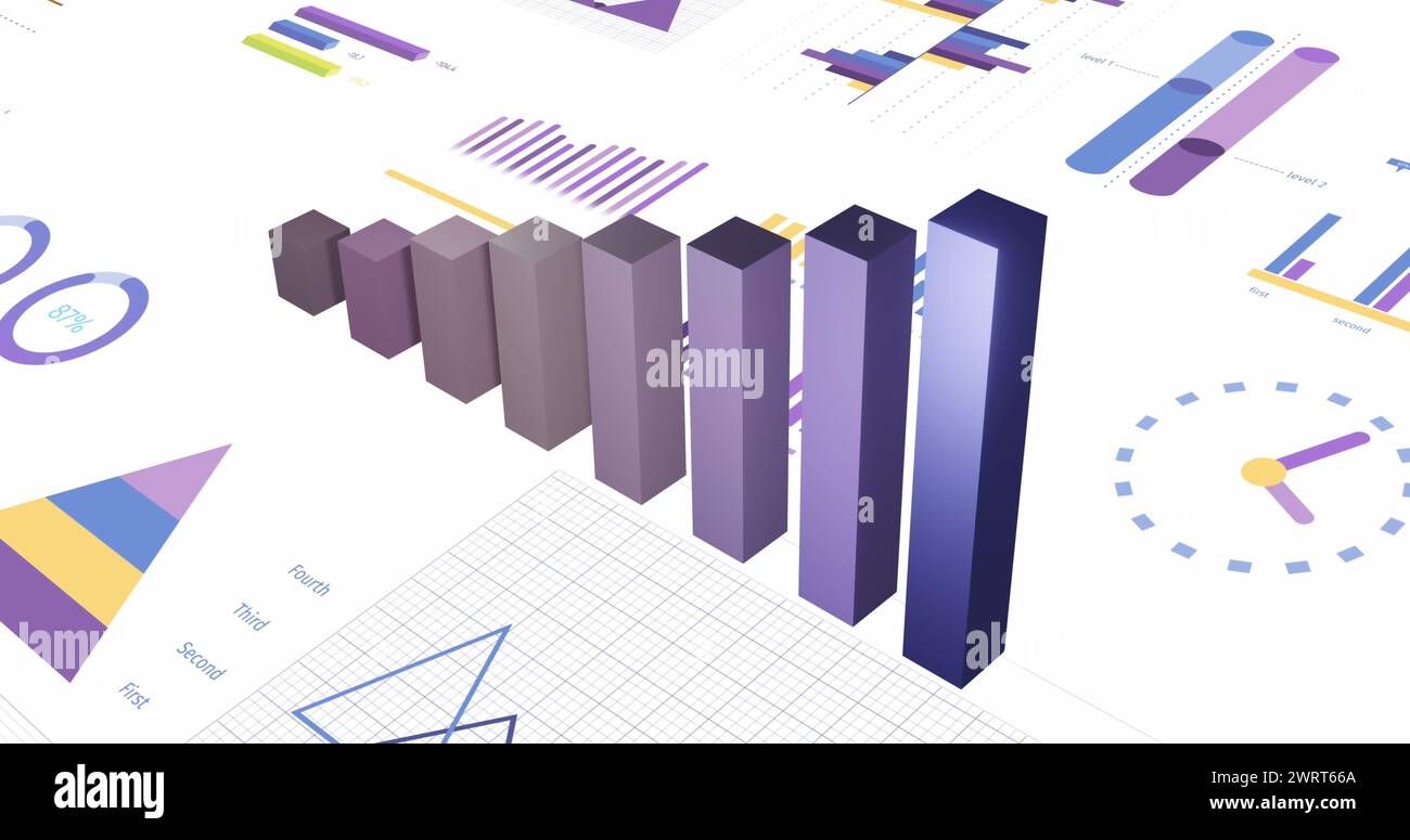 Image of statistics and financial data processing over white background ...