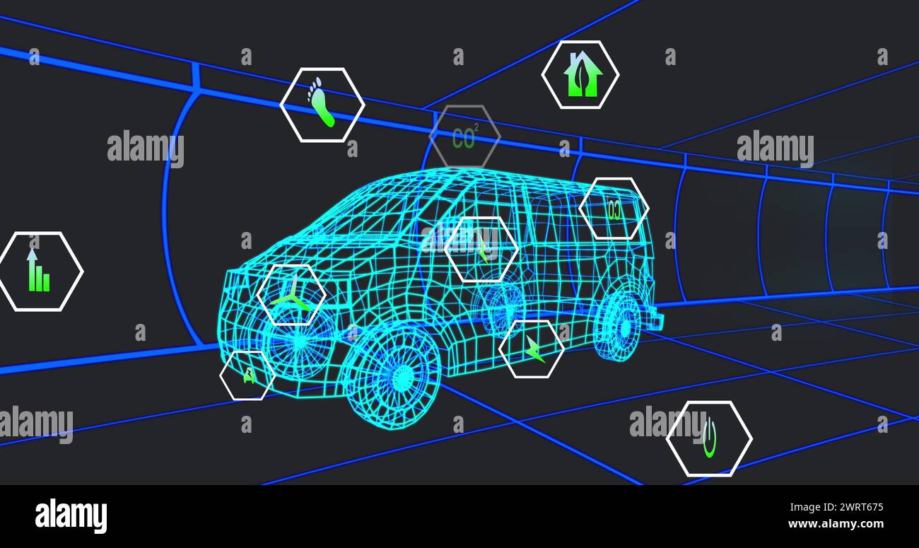 Image of multiple digital icons over 3d van model moving in seamless ...