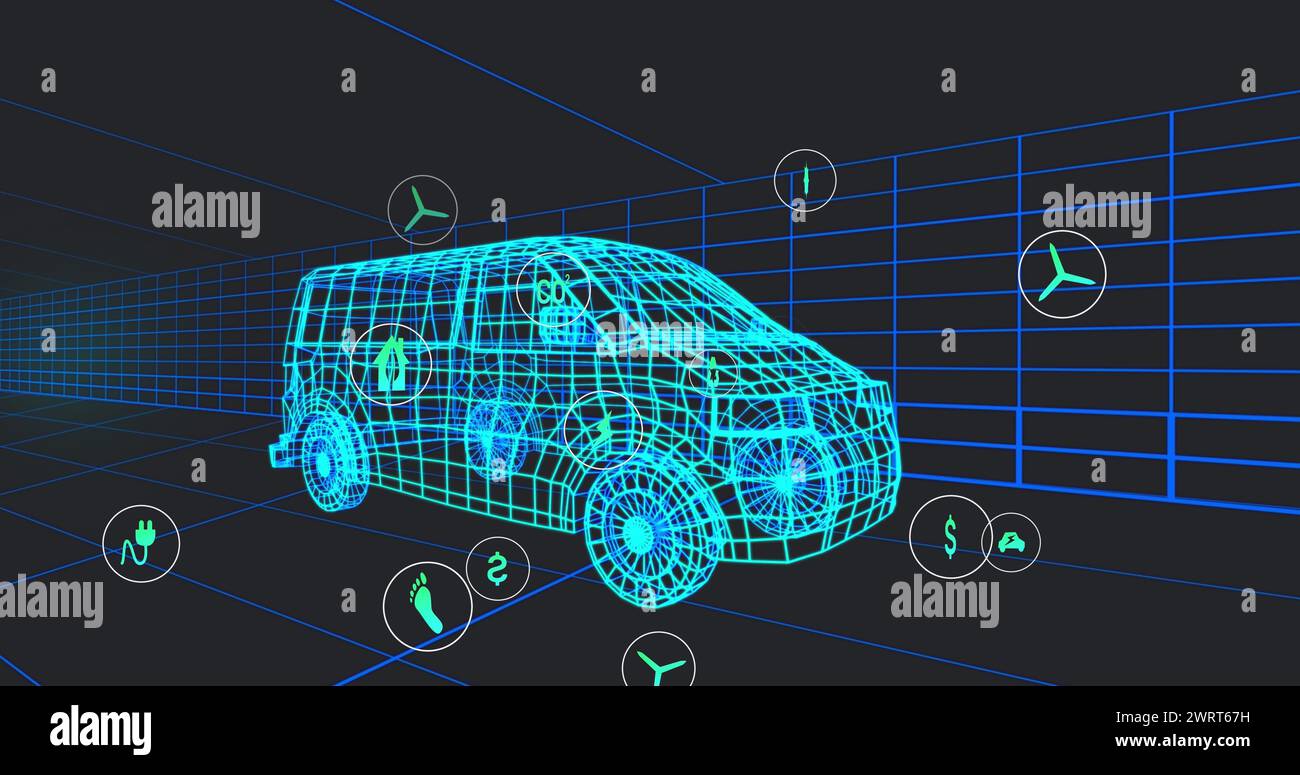 Image of multiple digital icons over 3d van model moving in seamless ...