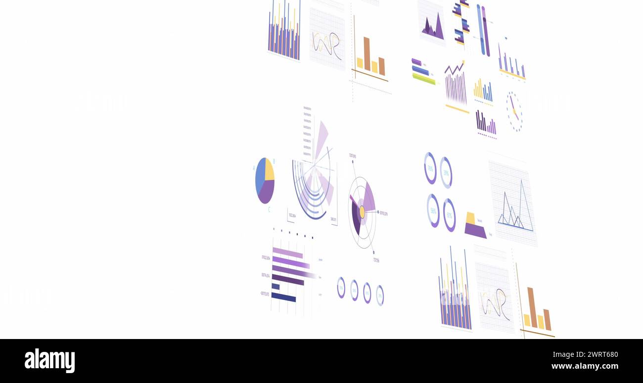 Image of statistics and financial data processing over white background ...