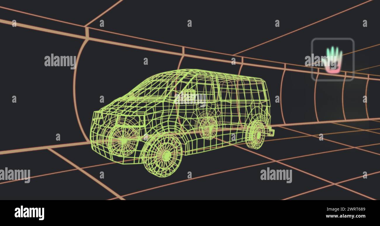 Image of multiple digital icons over 3d van model moving in seamless ...