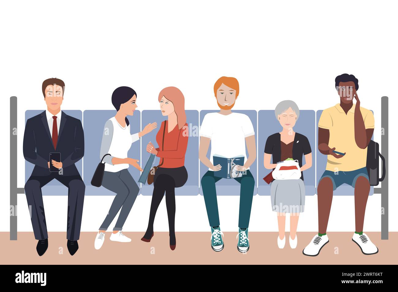 People are sitting in the subway. Cartoon characters. Men and women go ...