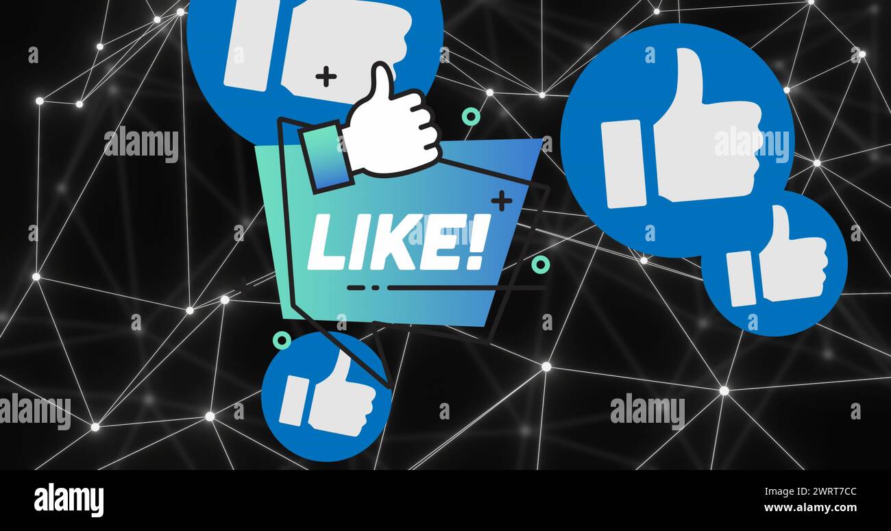Image of network of connections and social media thumbs up over black ...