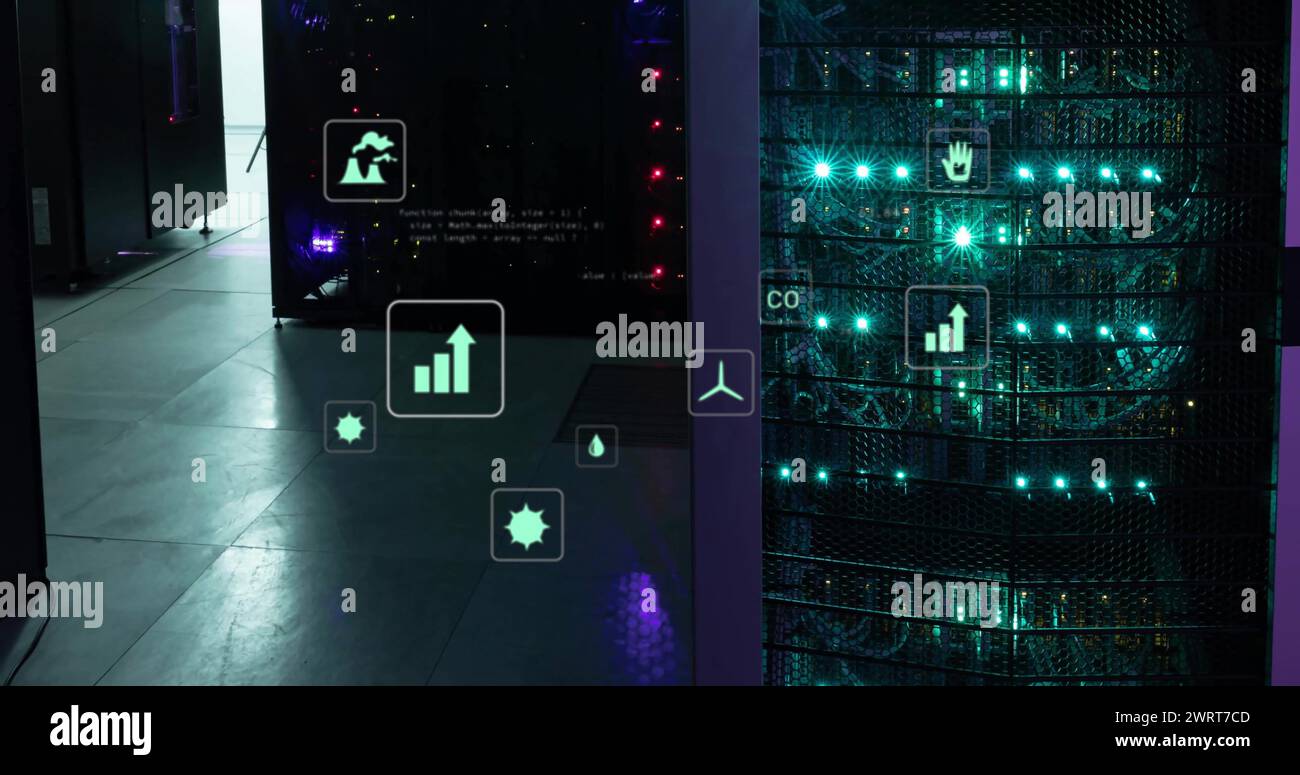 Image of eco icons and data processing over computer servers Stock Photo - Alamy