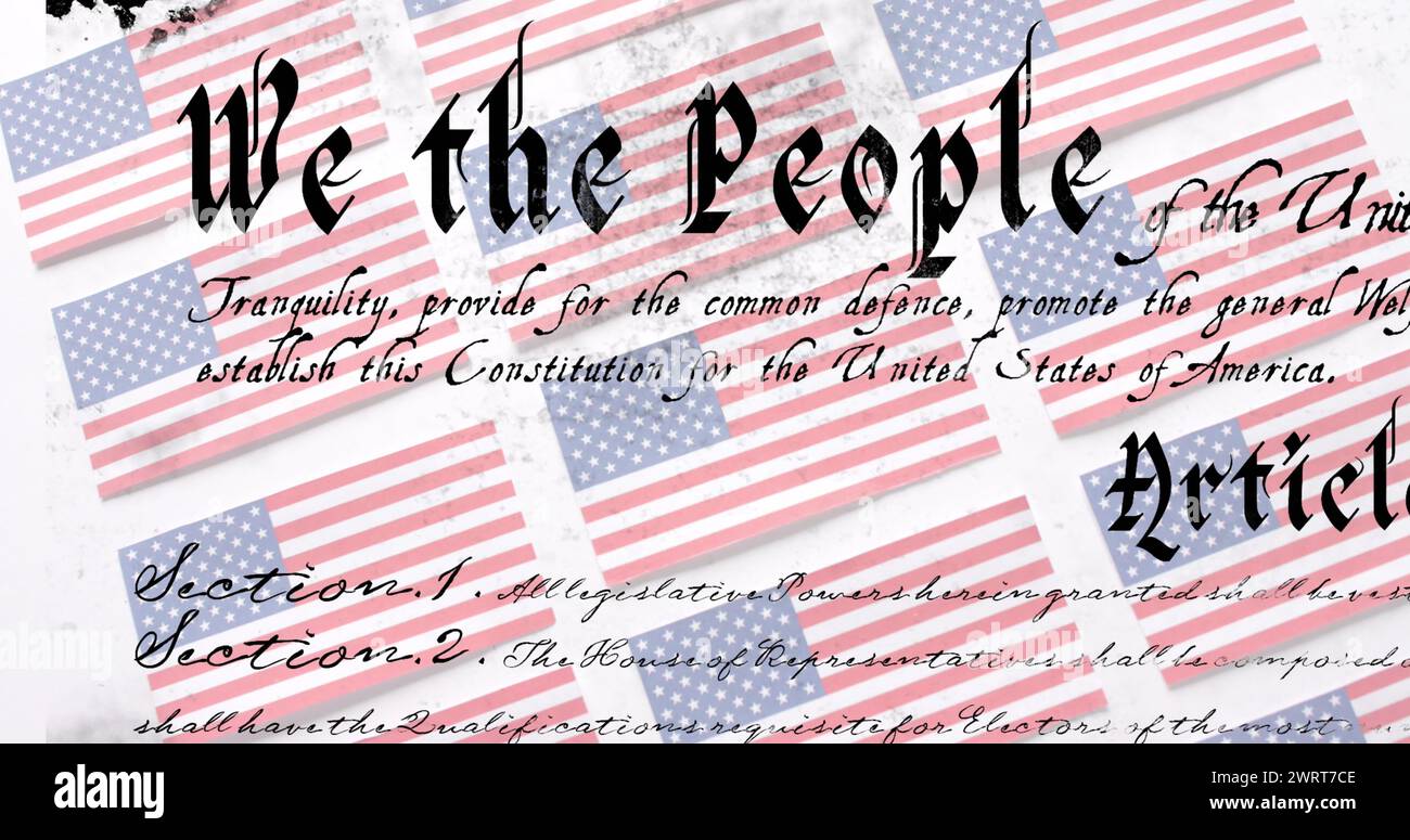 Image of constitution text over flags of united states of america on ...