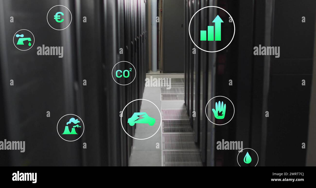 Image of eco icons and data processing over computer servers Stock ...