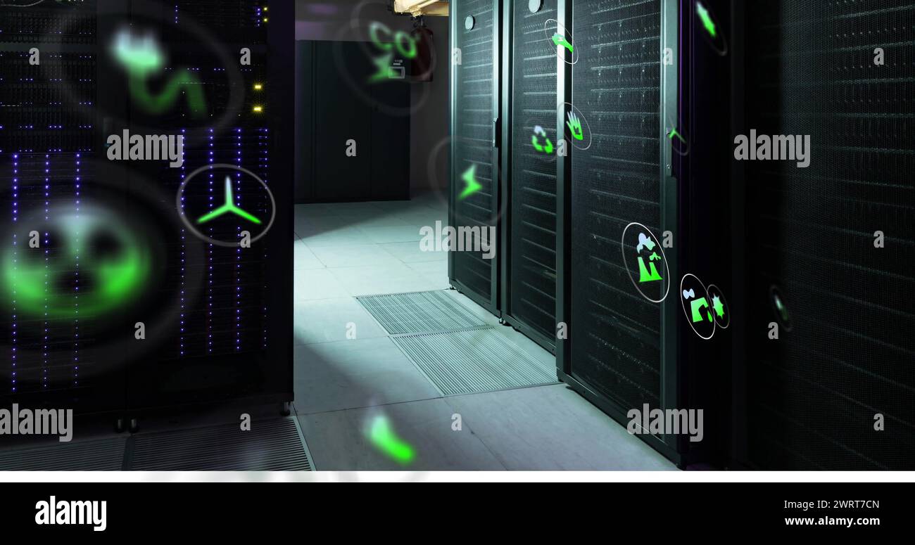 Image of eco icons and data processing over computer servers Stock ...