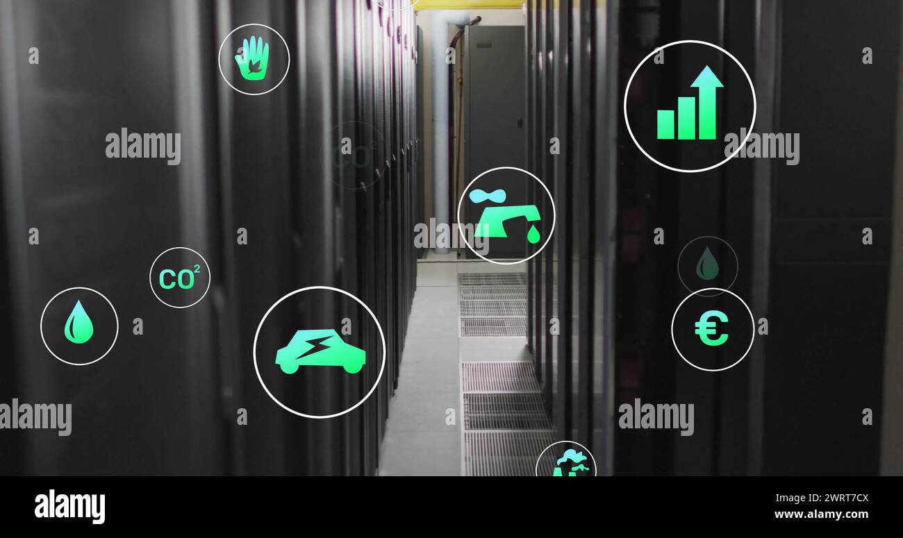 Image Of Eco Icons And Data Processing Over Computer Servers Global