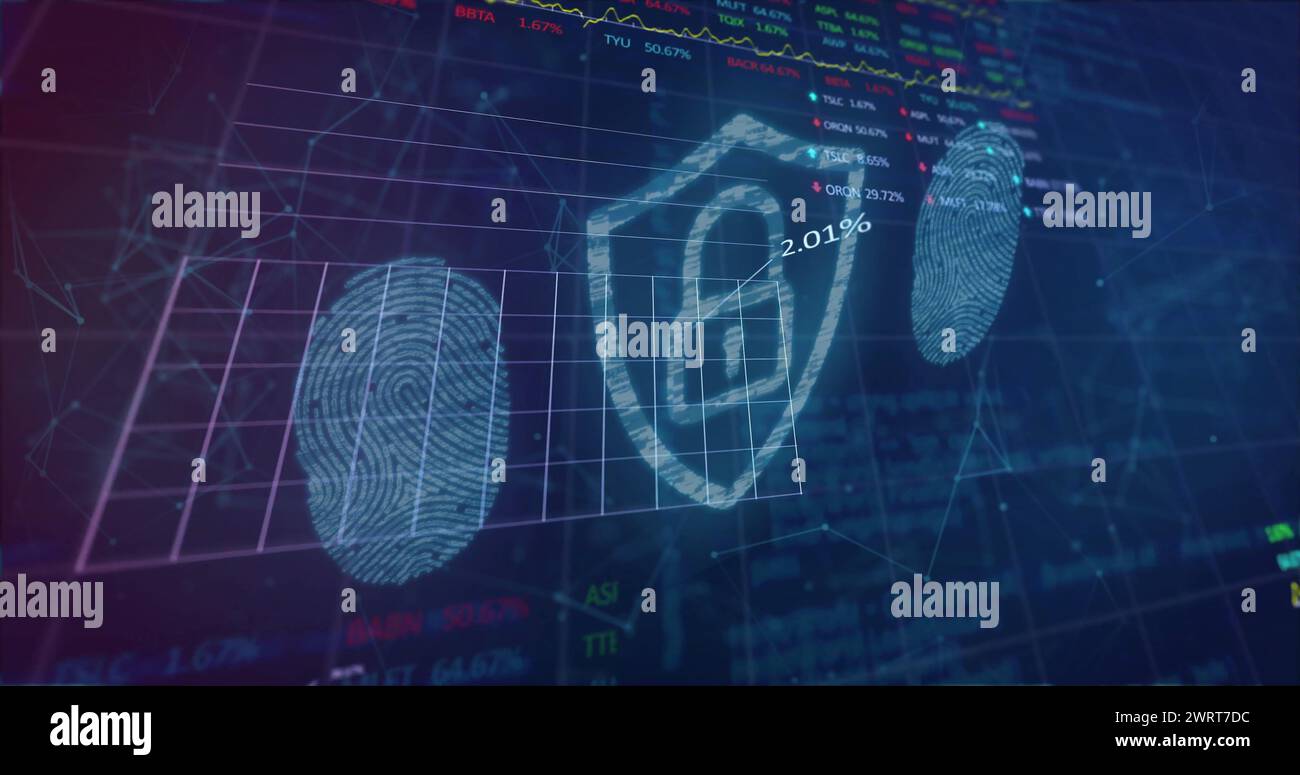 Image of padlock icon and financial data processing over biometric ...