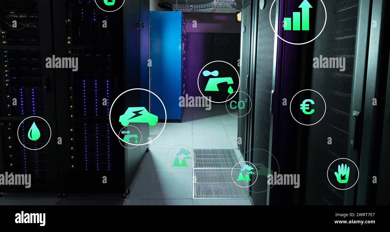 Image of eco icons and data processing over computer servers Stock ...