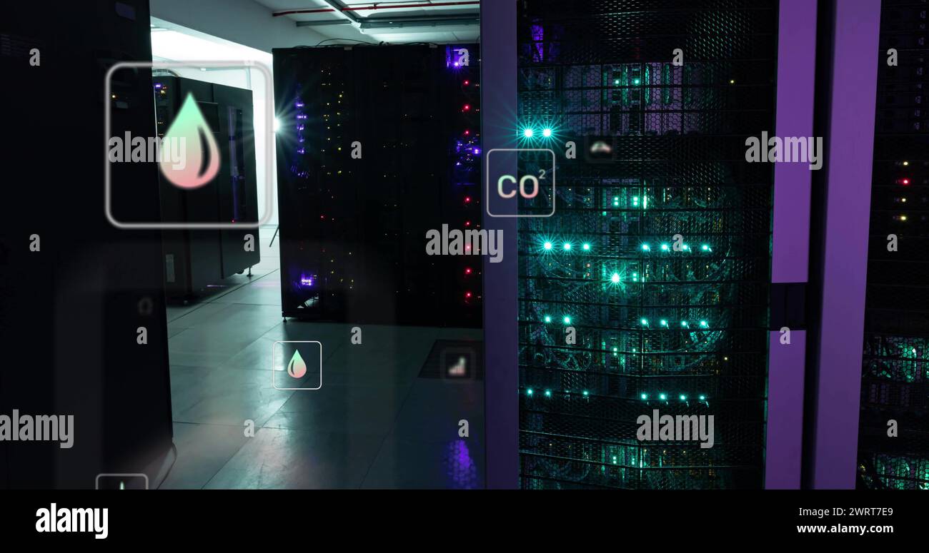 Image of eco icons and data processing over computer servers Stock ...
