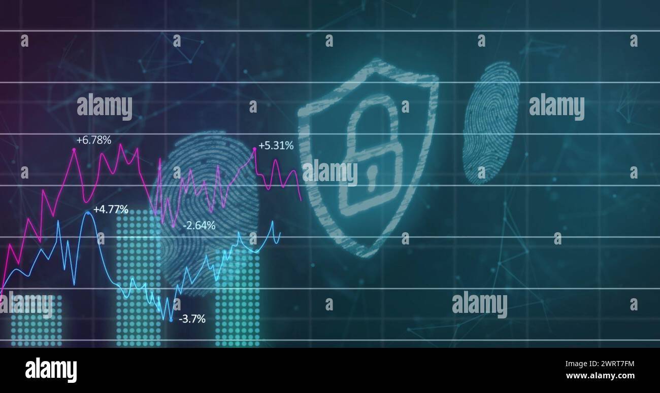 Image of padlock icon and financial data processing over biometric ...