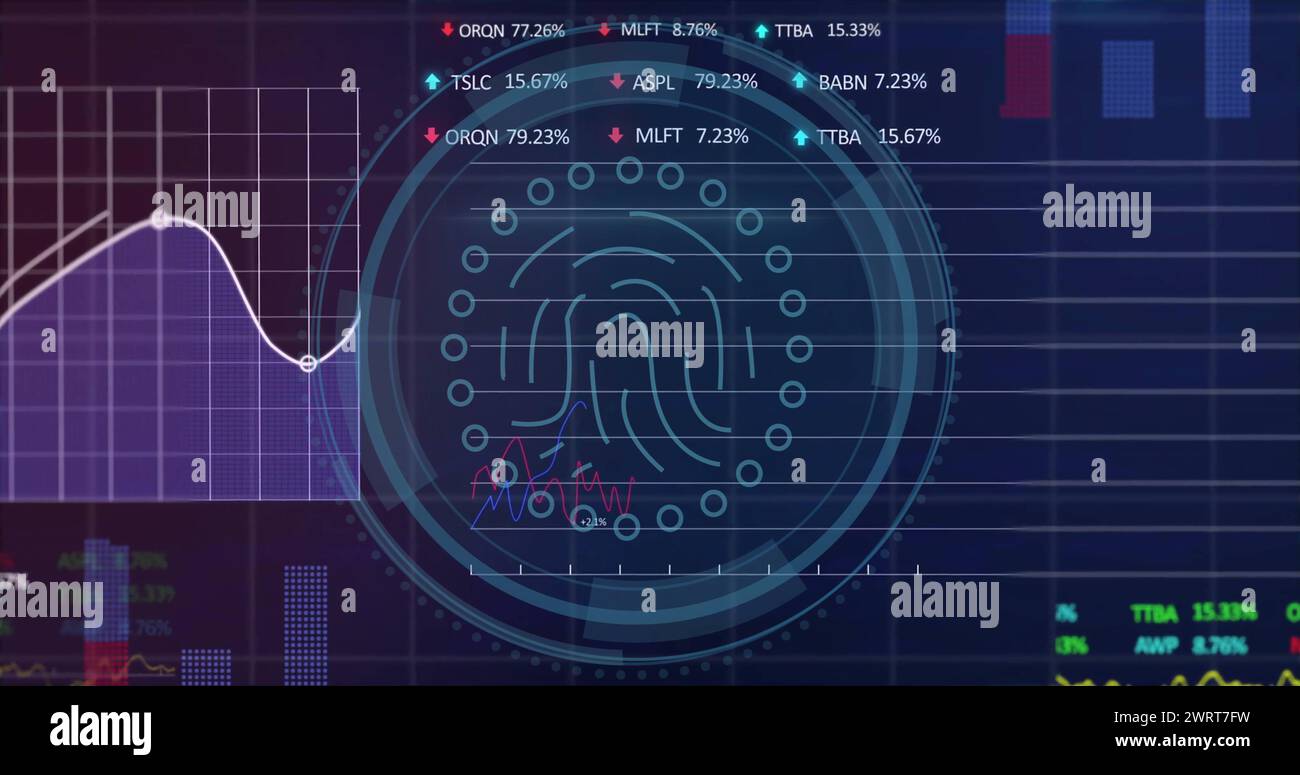 Image of scope with biometric fingerprint and financial data processing Stock Photo - Alamy