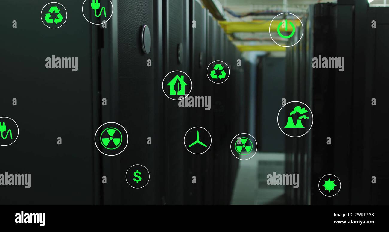 Image Of Eco Icons And Data Processing Over Computer Servers Global