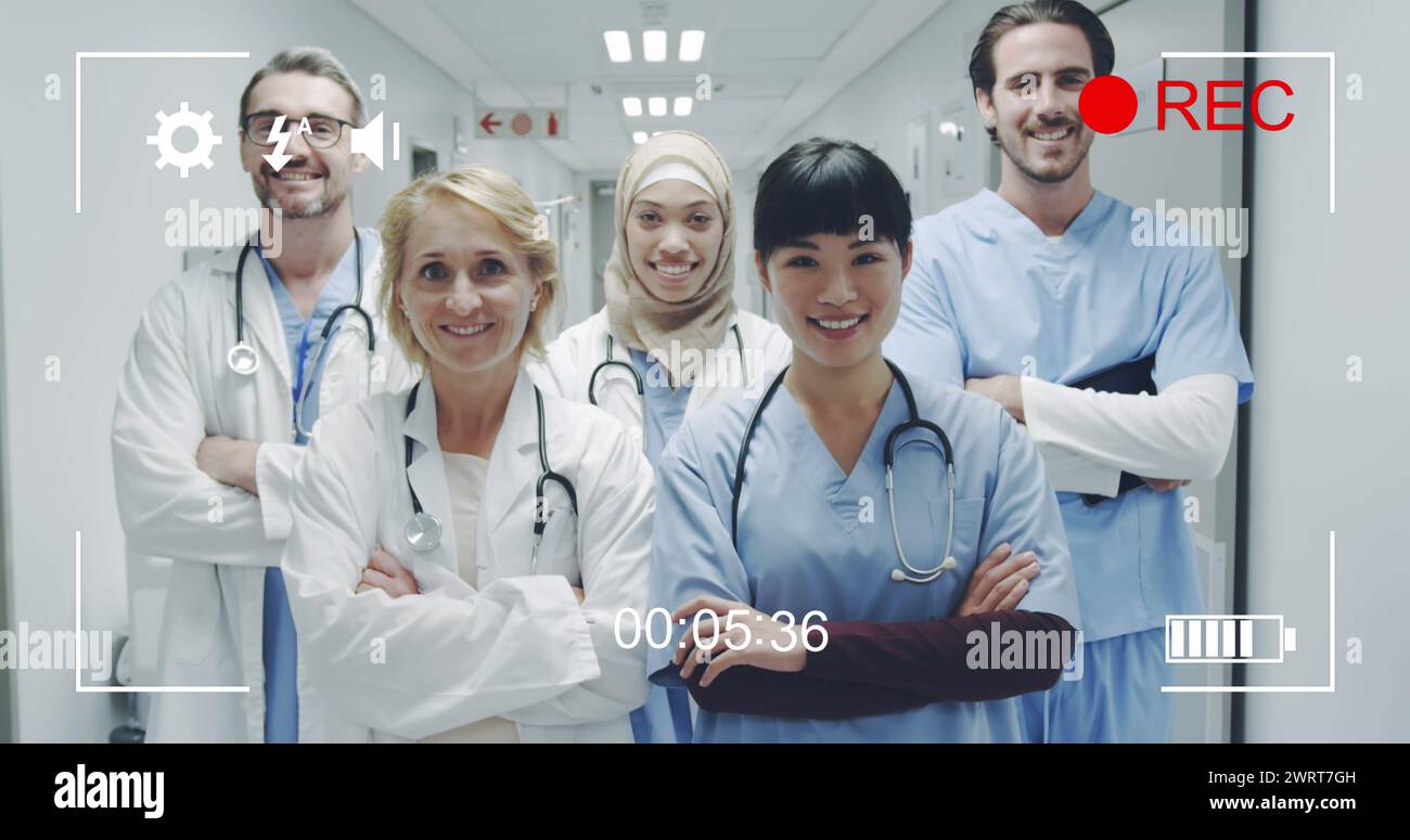 Diverse doctors smile in a portrait on a camera screen in 4k record ...